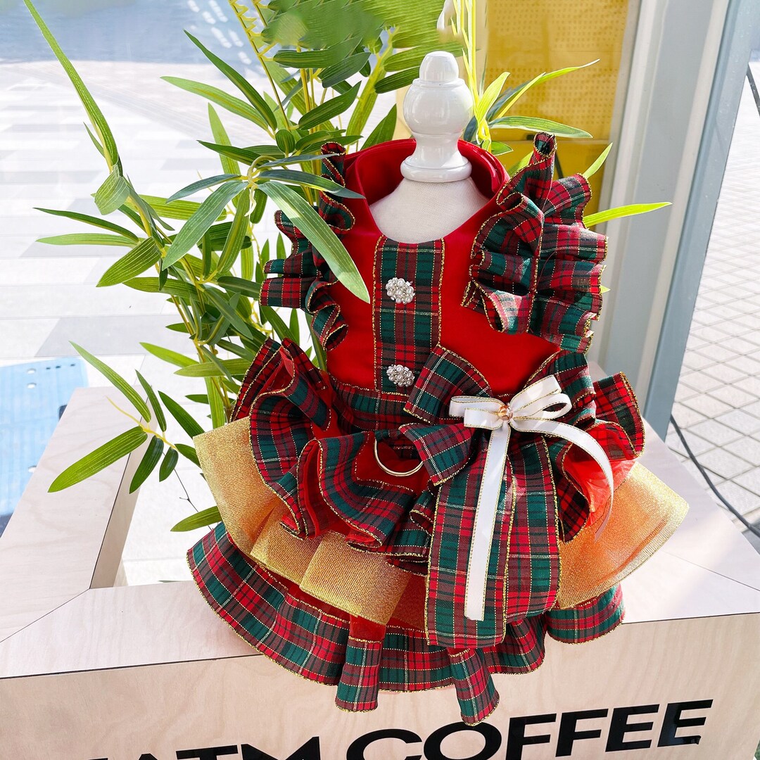 Dog Christmas Costume Scottish Tartan Dog Harness Dress, Xmas Outfit ...