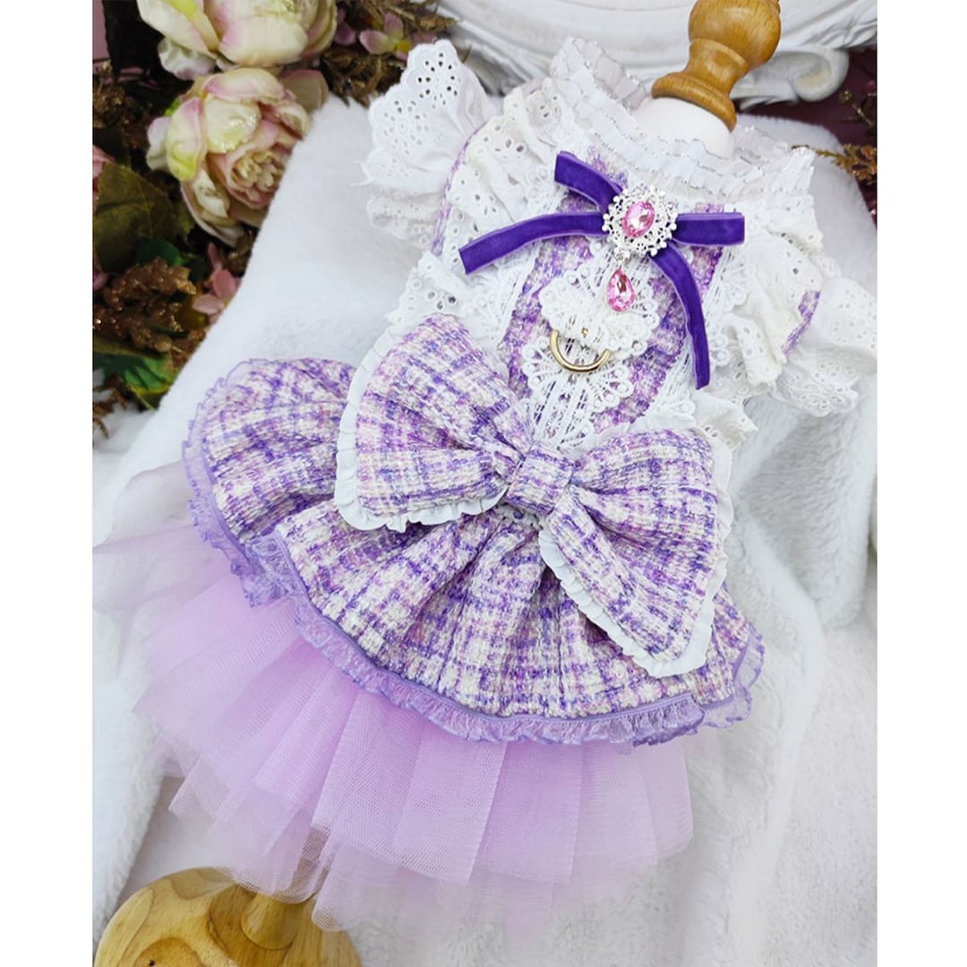 Lilac Tweed Dog Harness Dress, Vintage Luxury Tutu Dress for Dogs and ...