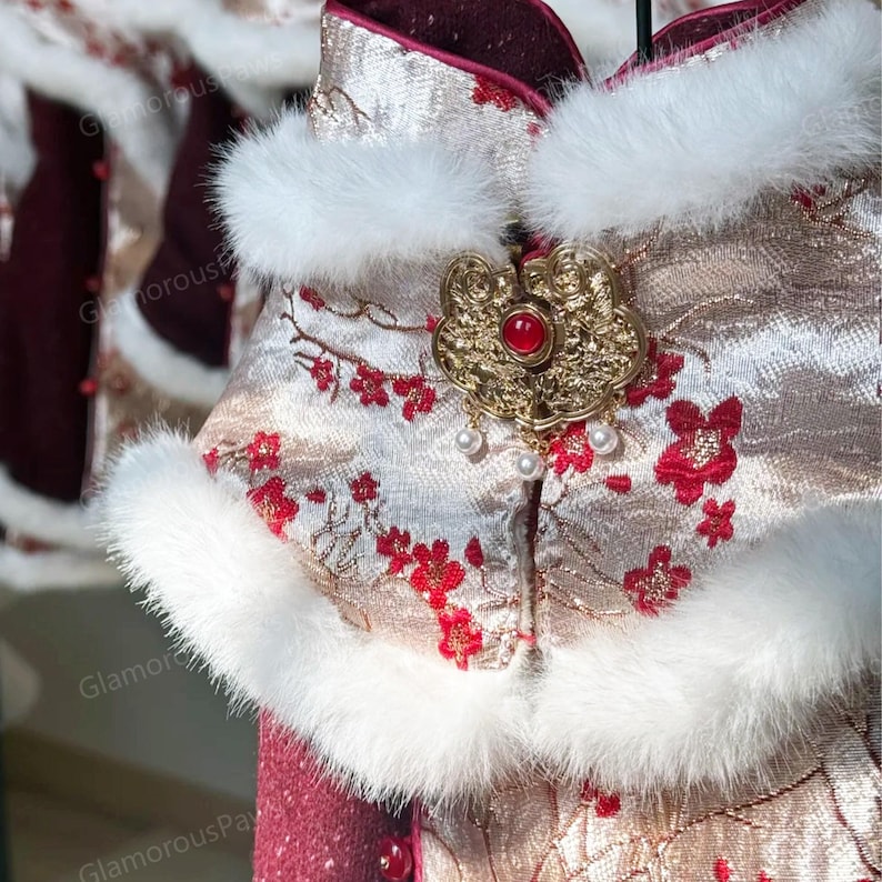 Chinese New Year Pets Outfits, Plum Blossom Pattern Plush Dress Plus ...