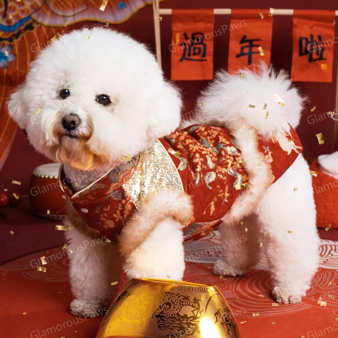 Chinese New Year Pets Outfits, Landscape Painting Pattern Plush Dress ...