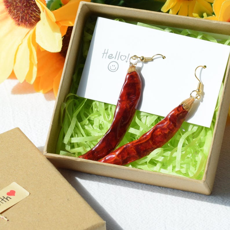 Handmade Chilli Real Pressed Pepper Earrings, Dried Chilli Resin ...
