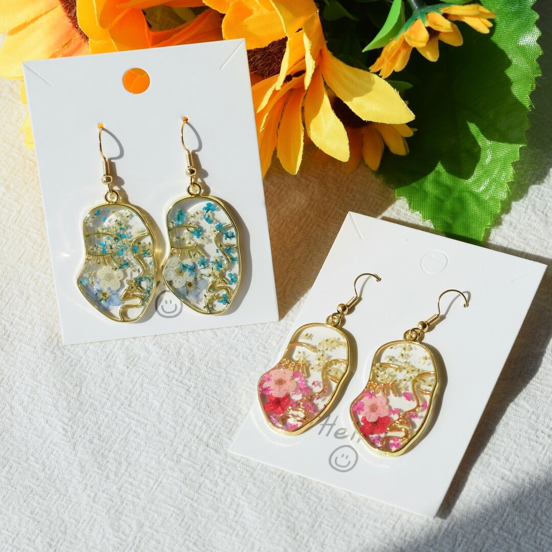 Gold Abstract Face Earrings With Real Pressed Dried Flowers, Minimal ...