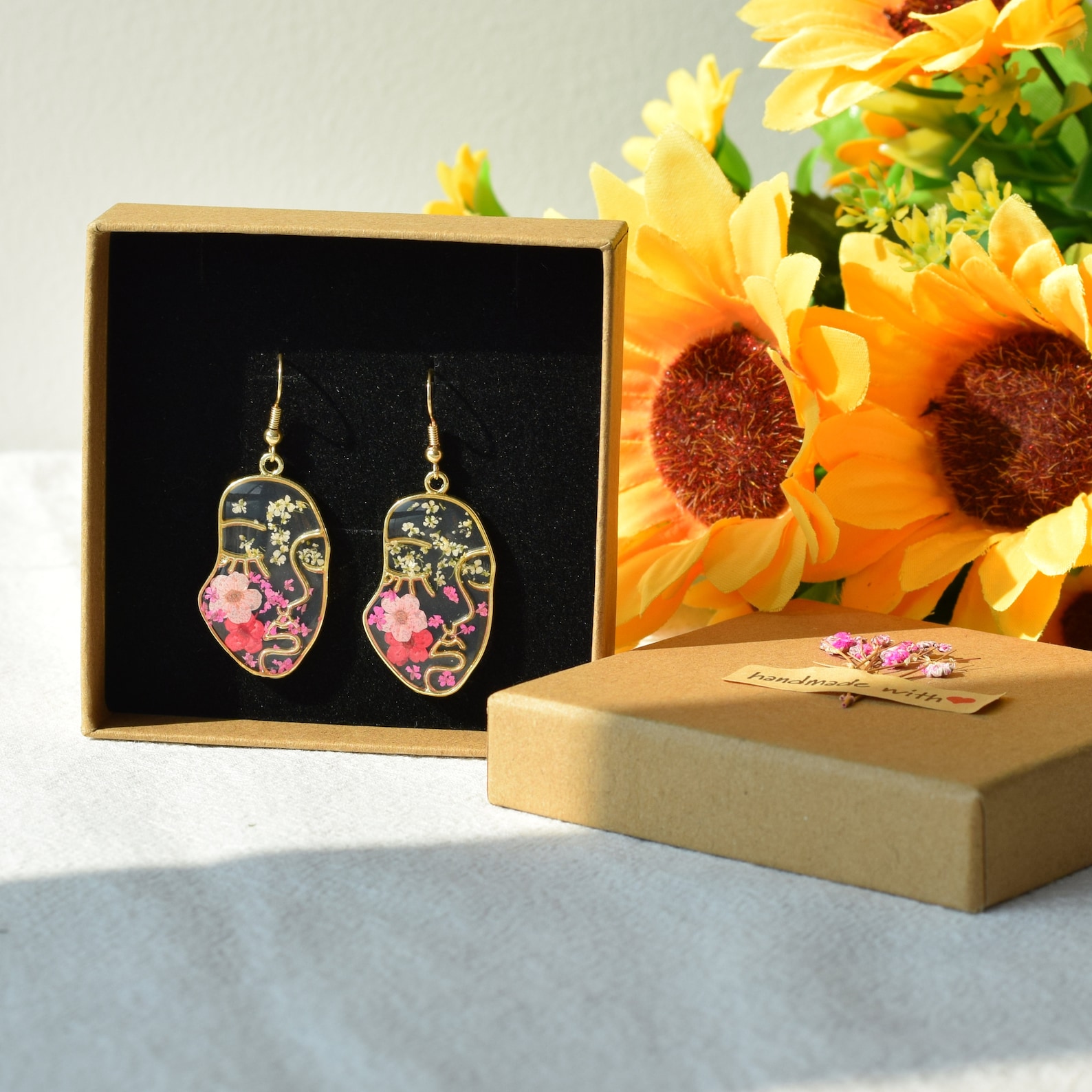 Gold Abstract Face Earrings With Real Pressed Dried Flowers, Minimal ...