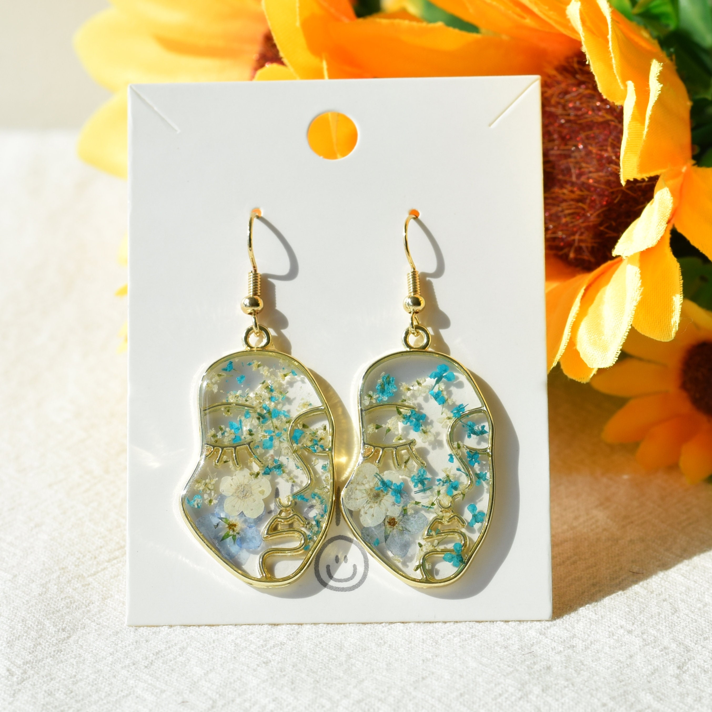 Gold Abstract Face Earrings With Real Pressed Dried Flowers, Minimal ...