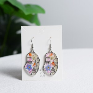 Gold Abstract Face Earrings With Real Pressed Flowers, Minimal ...