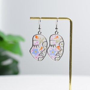 Gold Abstract Face Earrings With Real Pressed Flowers, Minimal ...