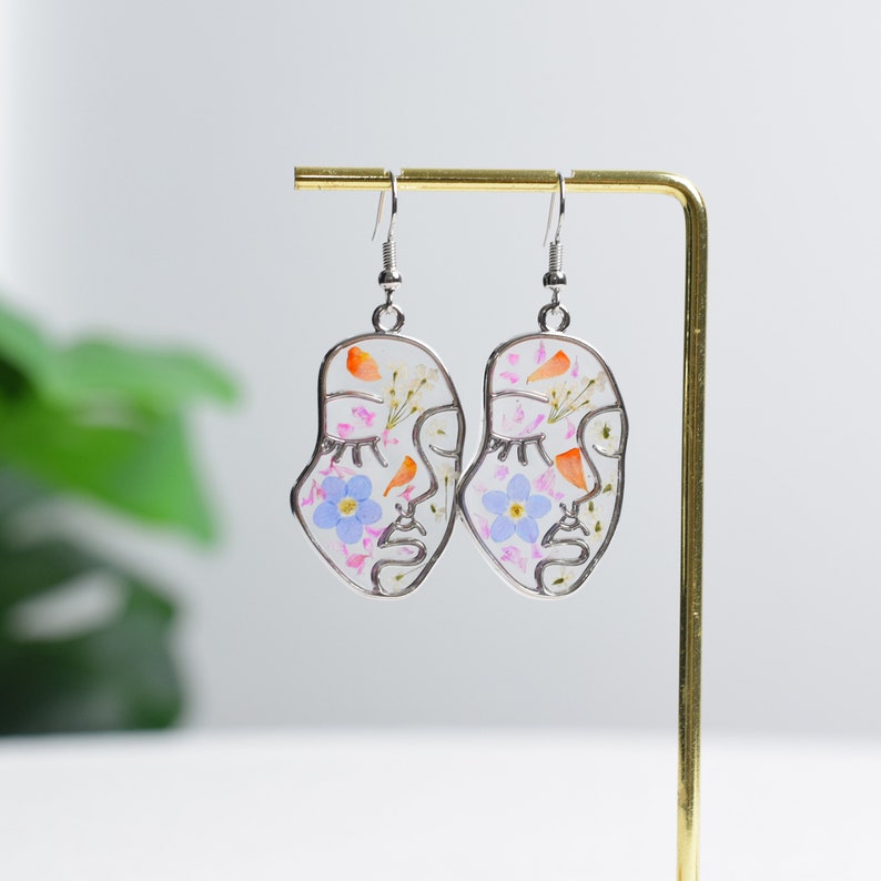 Gold Abstract Face Earrings With Real Pressed Flowers, Minimal ...