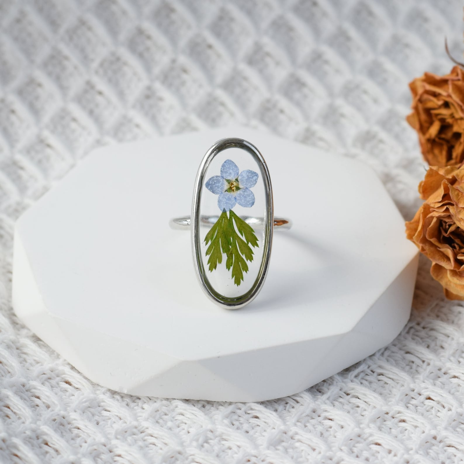 Forget Me Not Resin Flower Leaf Ring, Gold Adjustable Dainty Floral ...