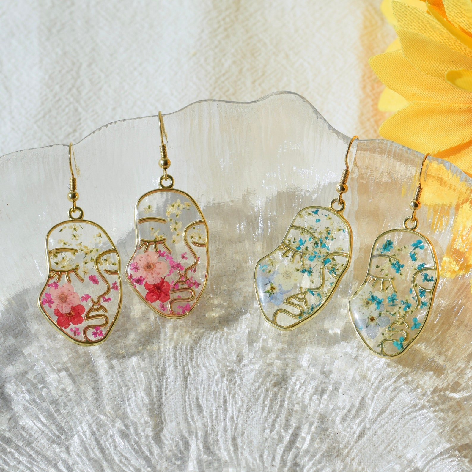 Gold Abstract Face Earrings With Real Pressed Dried Flowers, Minimal ...