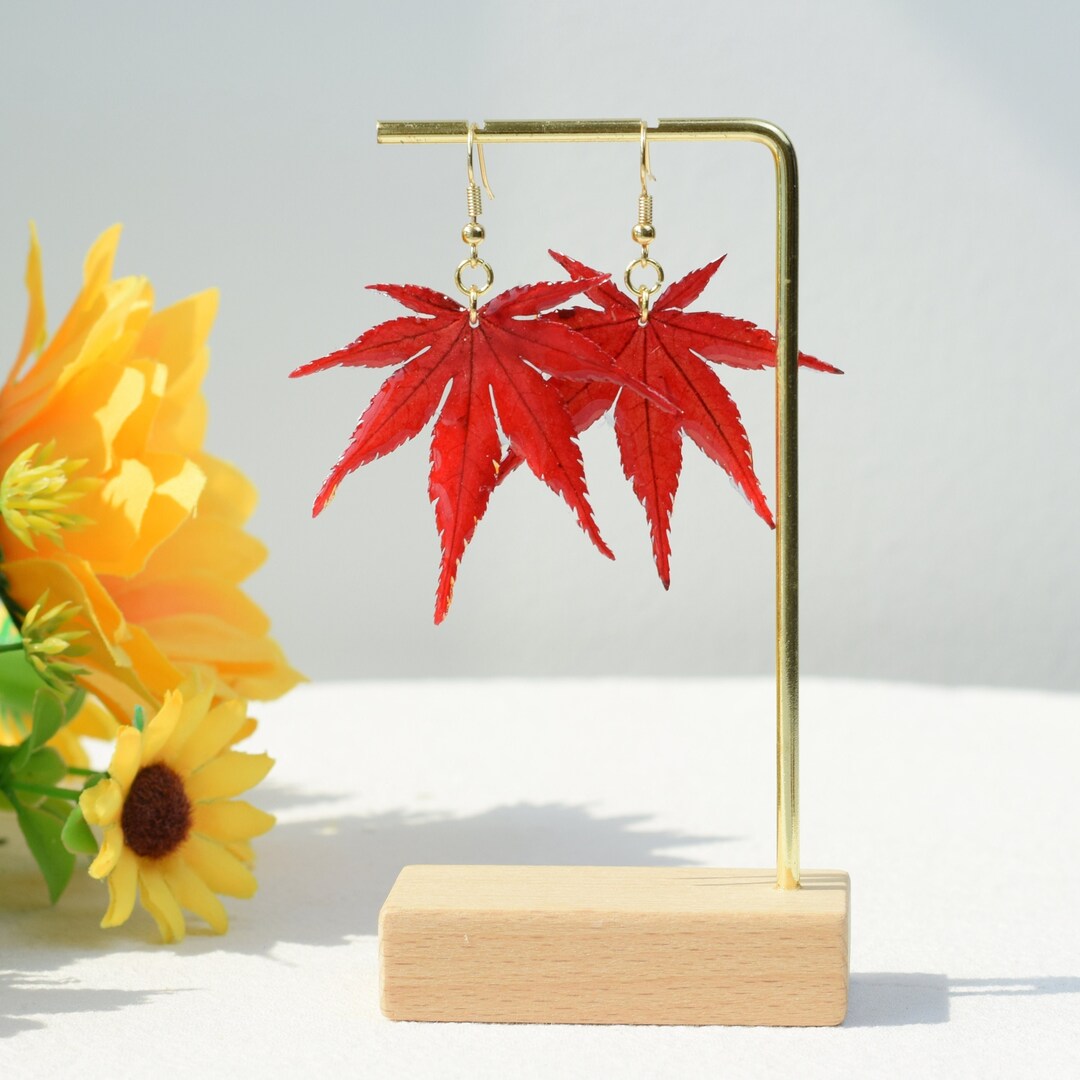 Handmade Pressed Red Maple Leaves Earrings, Gold Dried Red Maple Leaf ...