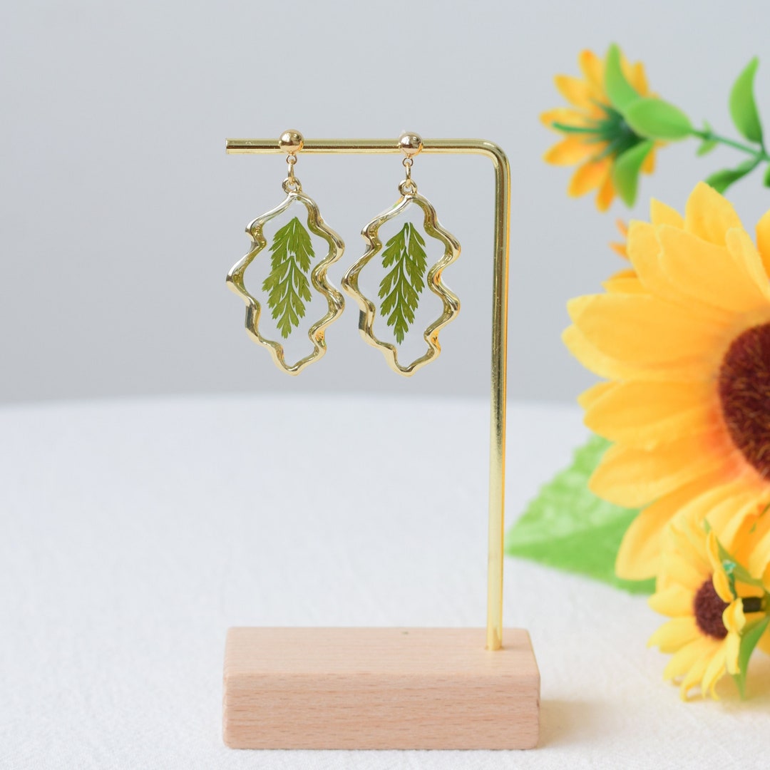 14K Gold Handmade Real Pressed Leaves Earrings, Dried Leaf Resin ...