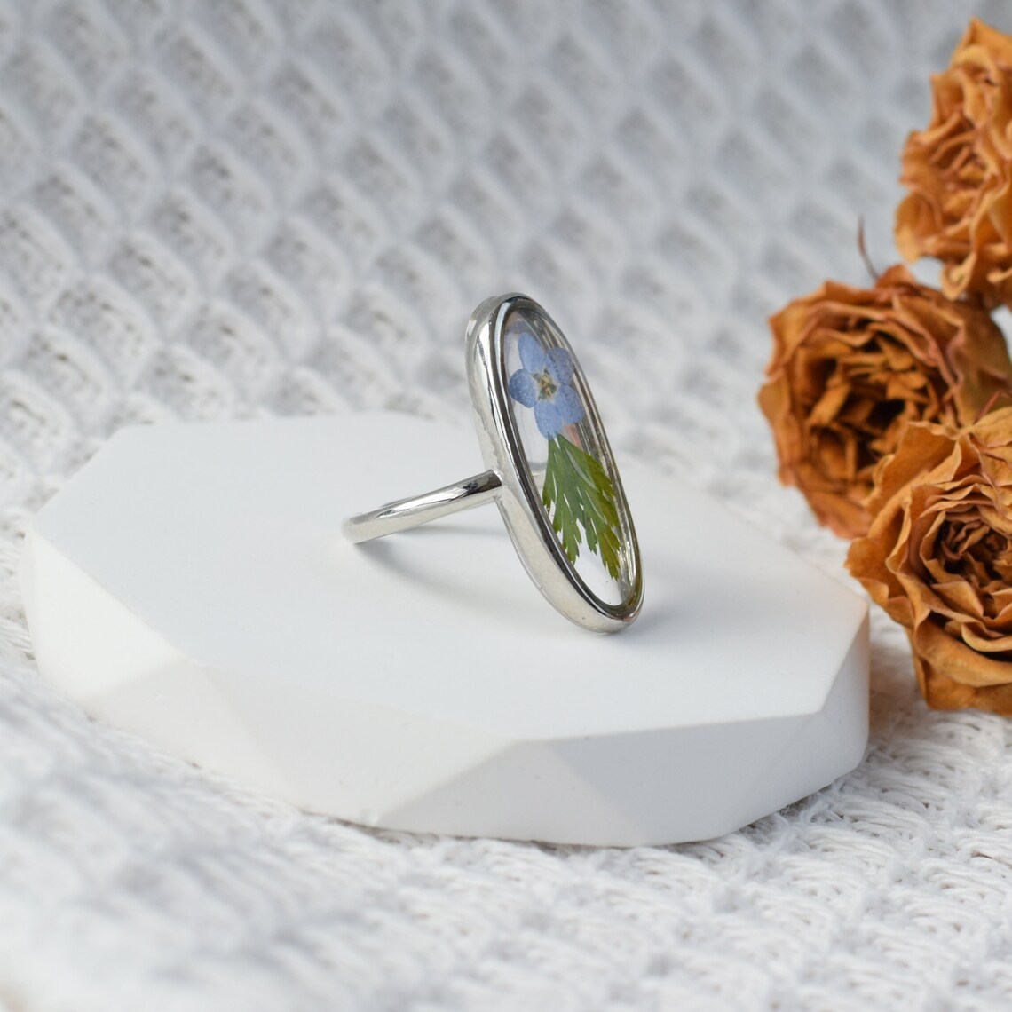 Forget Me Not Resin Flower Leaf Ring, Gold Adjustable Dainty Floral ...