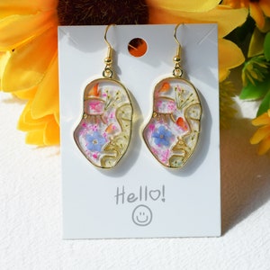Gold Abstract Face Earrings With Real Pressed Flowers, Minimal ...