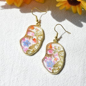 Gold Abstract Face Earrings With Real Pressed Flowers, Minimal ...