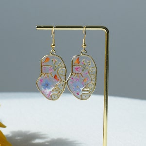 Gold Abstract Face Earrings With Real Pressed Flowers, Minimal ...