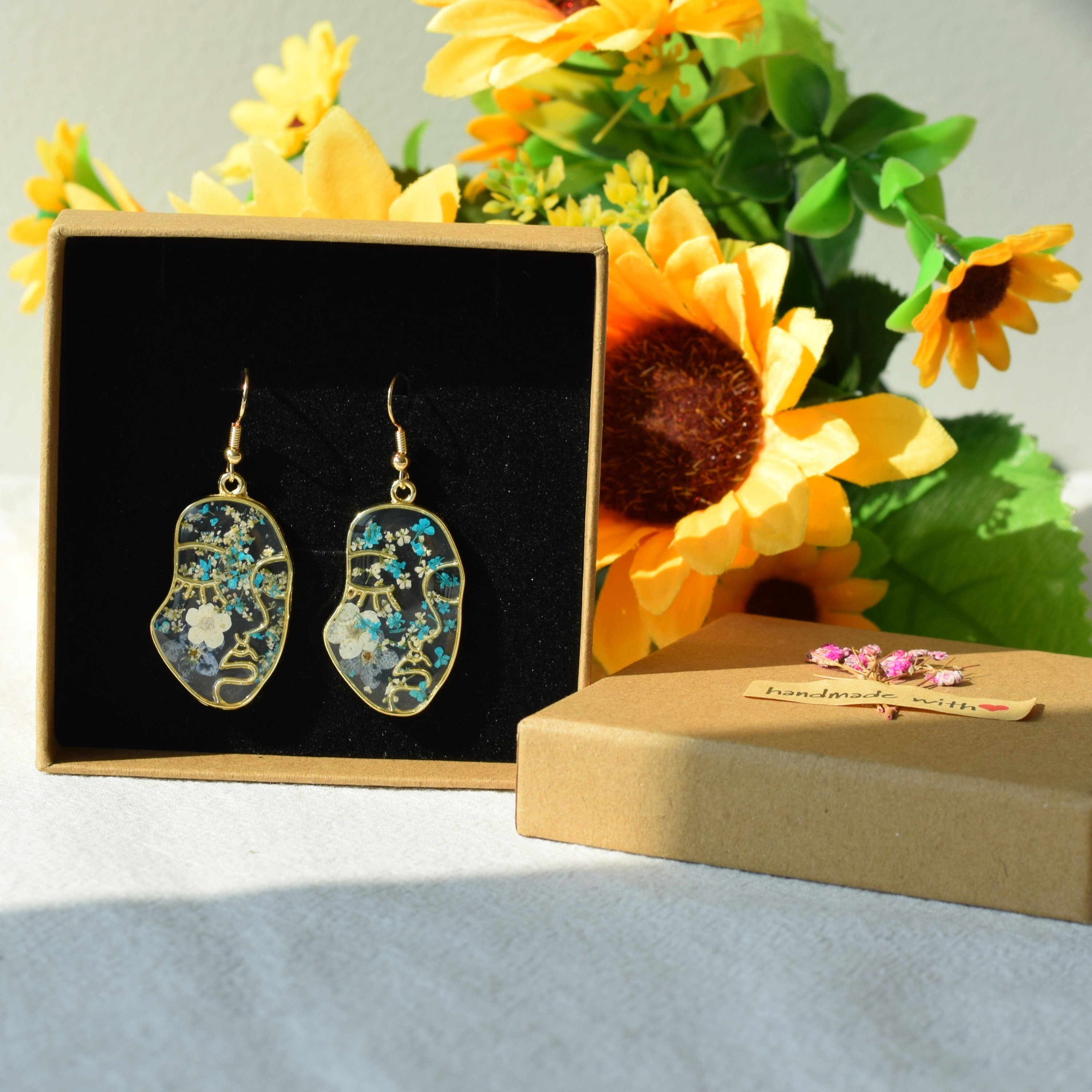 Gold Abstract Face Earrings With Real Pressed Dried Flowers, Minimal ...