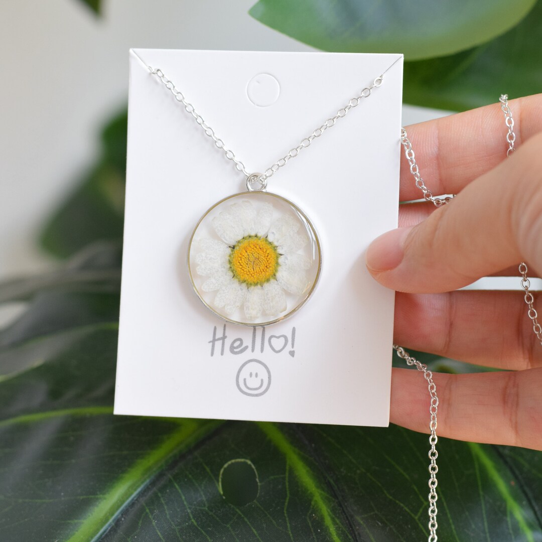 Handmade Real Pressed Flower Necklace, Daisy Dried Floral Resin ...