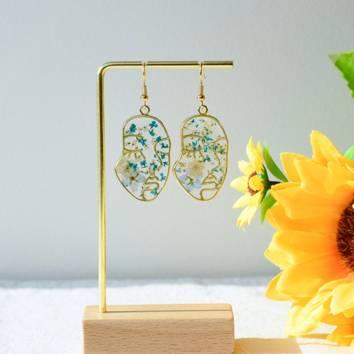 Gold Abstract Face Earrings With Real Pressed Dried Flowers, Minimal ...