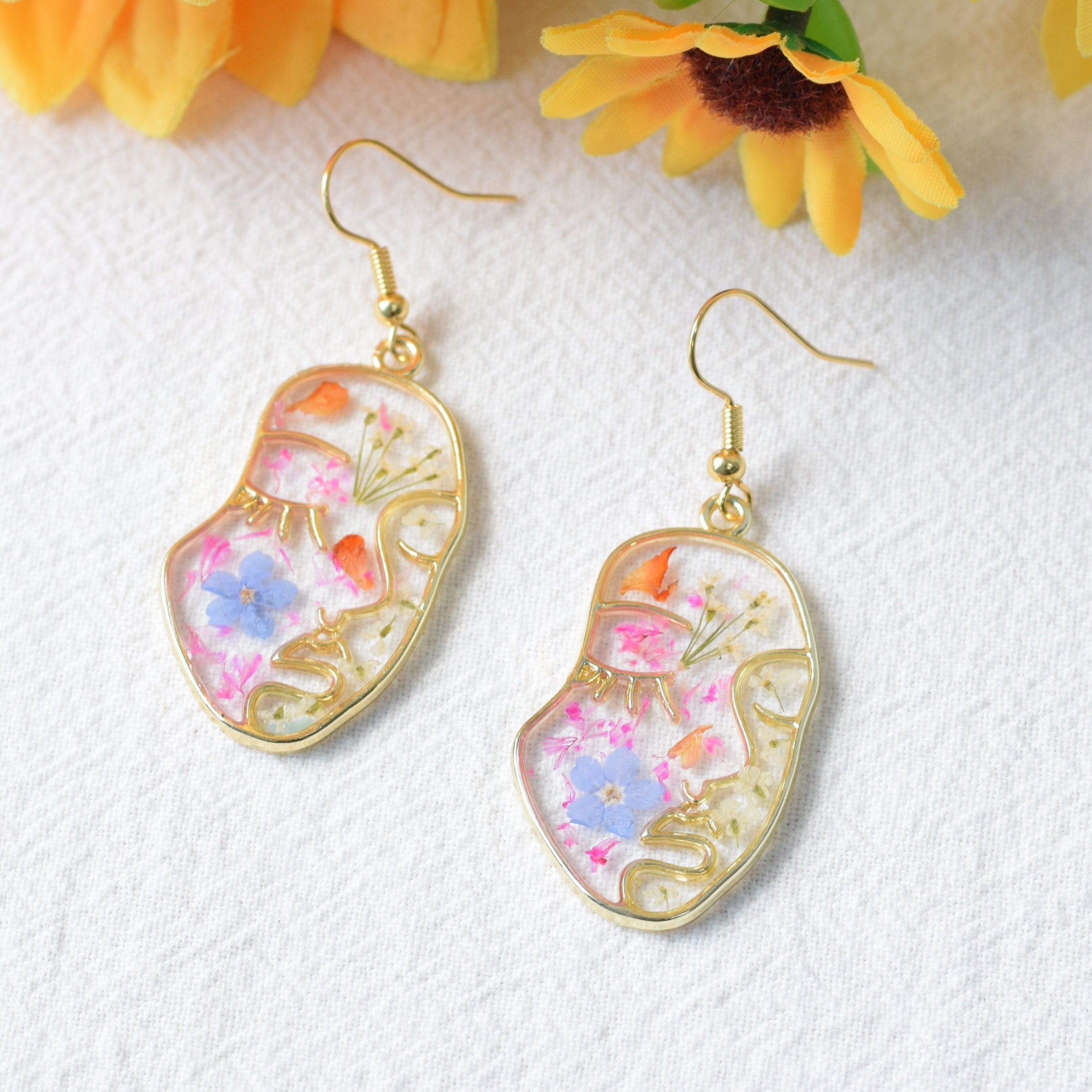 Gold Abstract Face Earrings With Real Pressed Flowers, Minimal ...