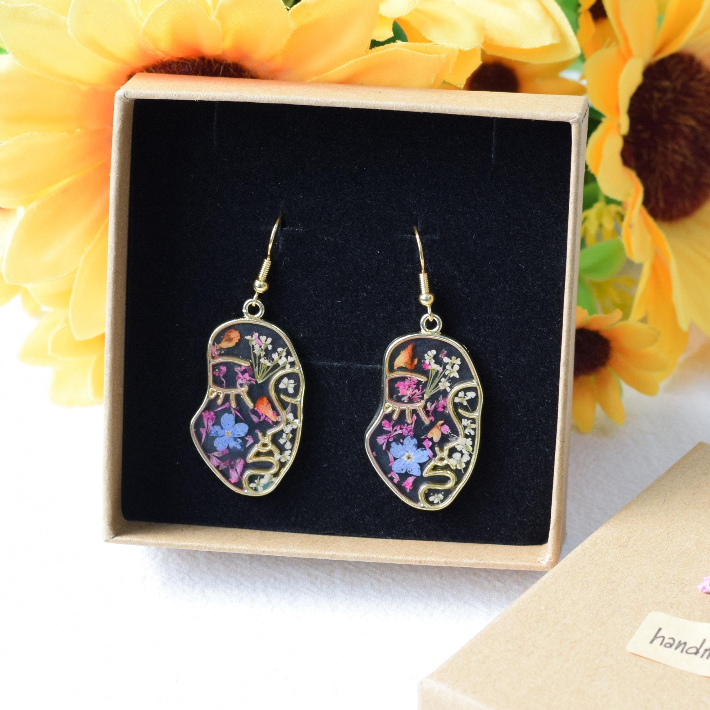 Gold Abstract Face Earrings With Real Pressed Flowers, Minimal ...