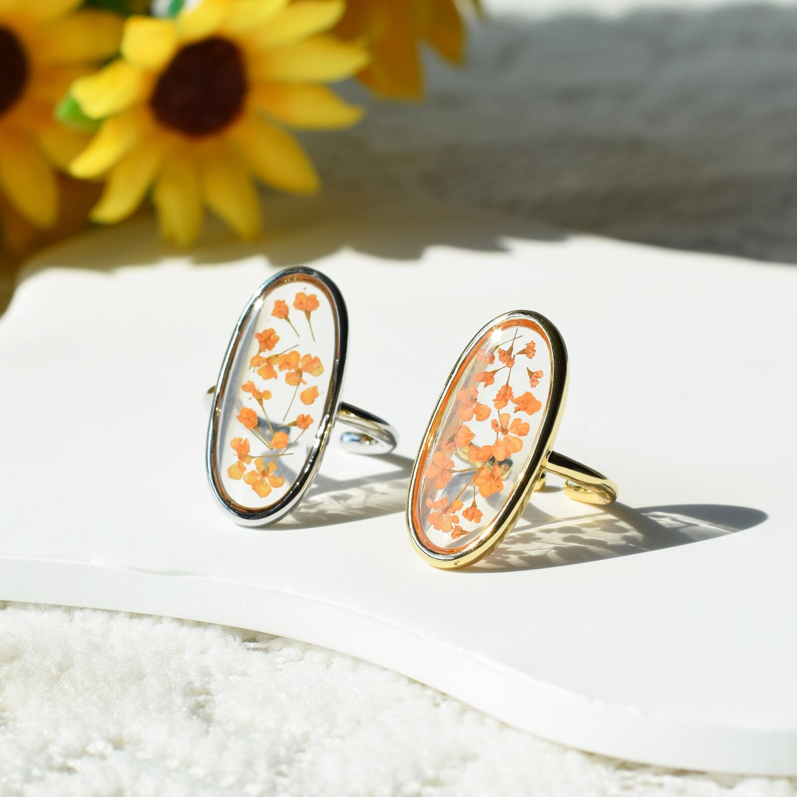 Resin Lace Flower Ring, Adjustable Dainty Floral Ring, Dried Flower ...