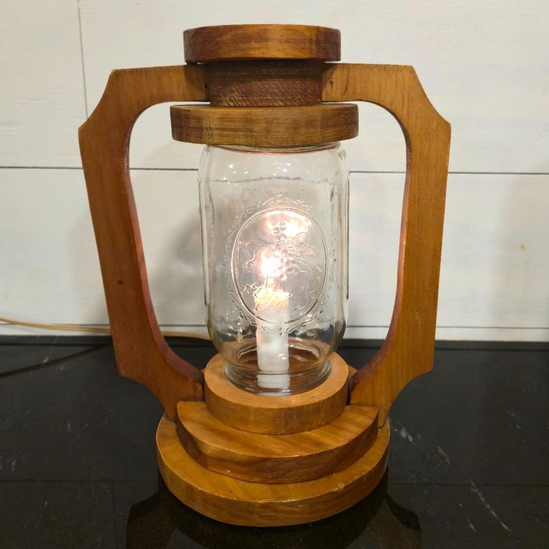Amish Lamp Craftsmanship Rustic Mason Jar With Wooden Base Farmhouse ...
