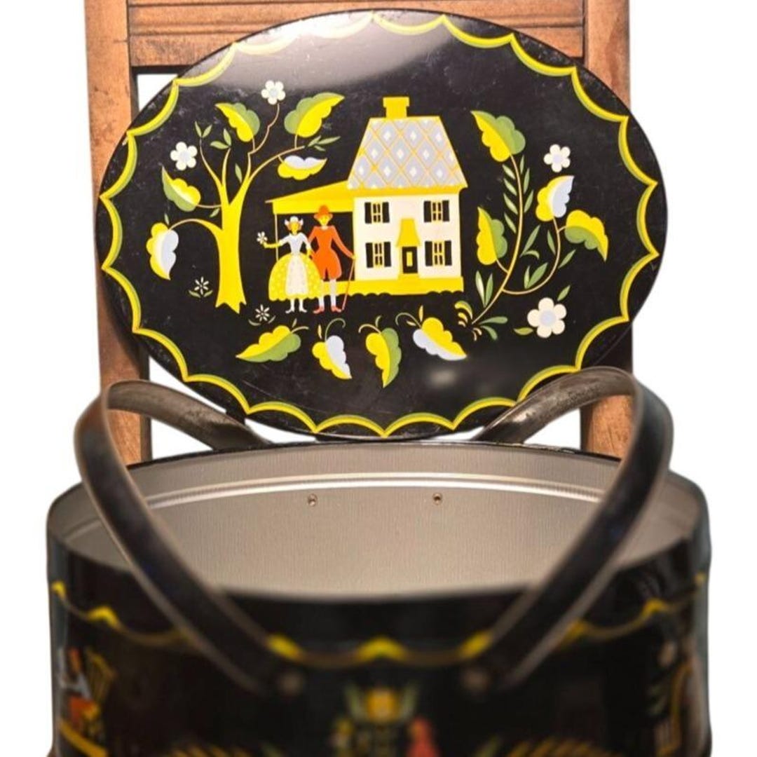 Vintage Folk Art Black Tin Basket With Lid & Handles PA Dutch Amish ...