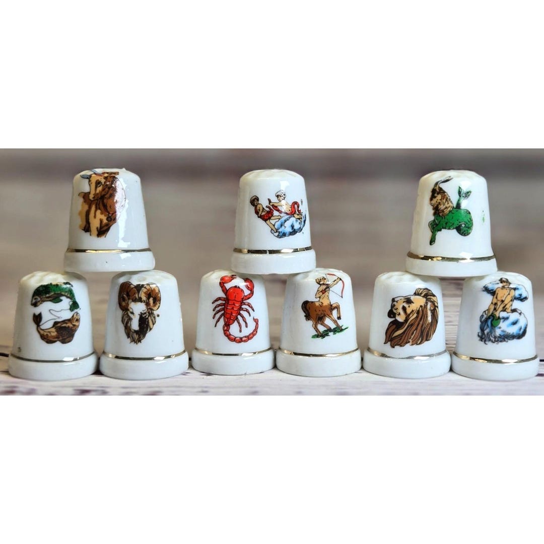 Antique Set of 9 Zodiac Sign Porcelain Thimbles With Gold Trim, Thimble ...