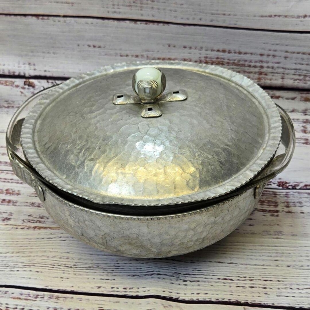 Vintage Hammered Aluminum Covered Casserole Footed Serving Warming W ...