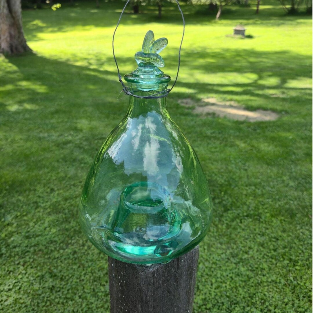 Vintage Green Depression Glass Bug Catcher Hanging Fly Trap Bee Topper ...