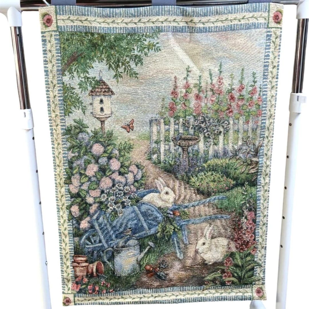 Vintage Woven Tapestry: Rustic Garden Scene With Rabbits Easter Spring ...