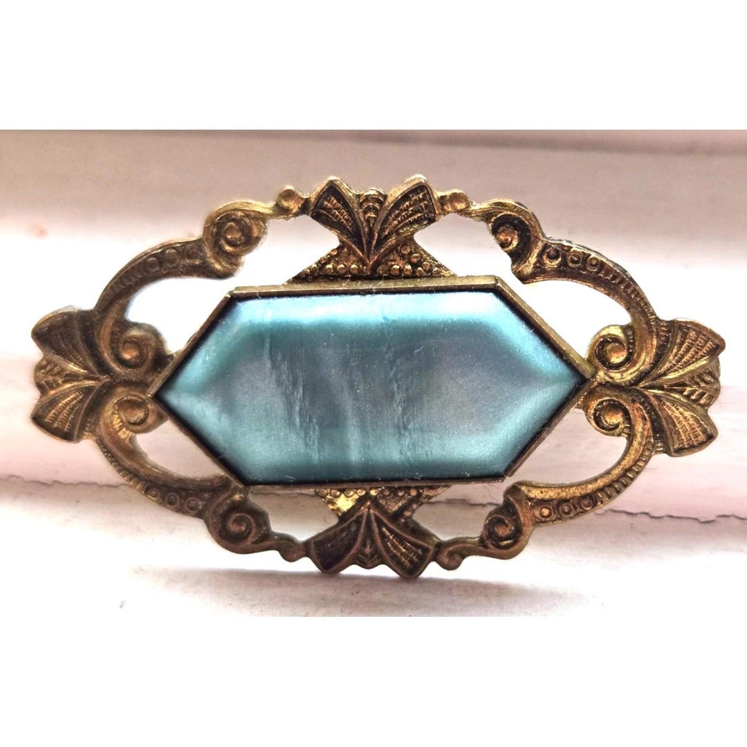 Vintage 1930s Art Deco Brooch With Cut Corner Rectangle Blue Celluloid ...