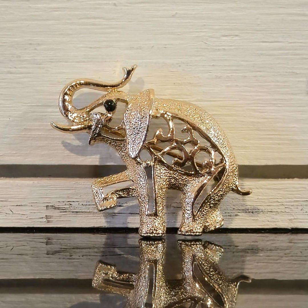 Sarah Coventry Elephant Brooch Vintage Gold Tone Filigree Pin Lucky ...