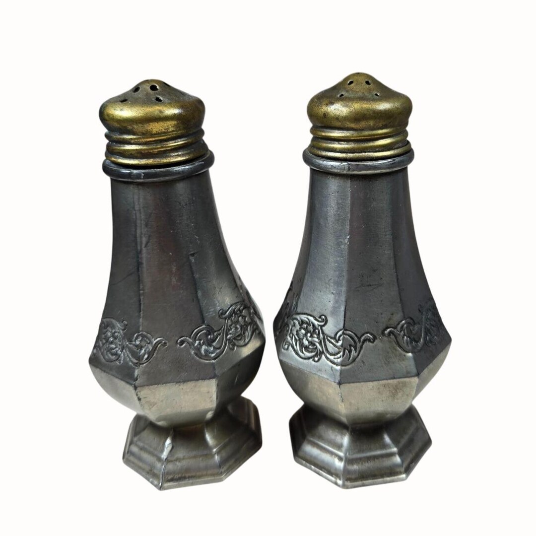 Antique JAPAN Pewter Salt & Pepper Shaker Set With Ornate Floral ...