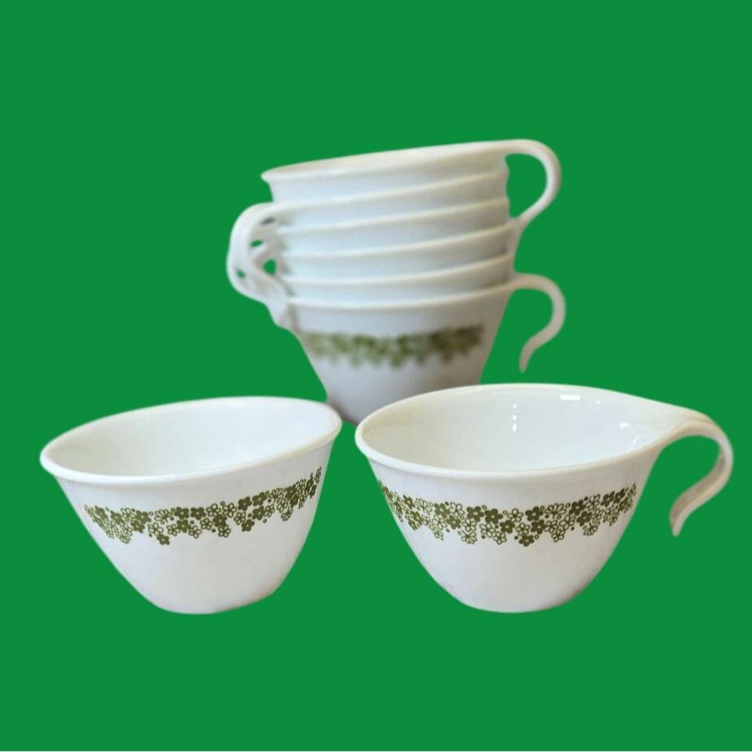 VTG Corelle Spring Blossom 7- Green Hook Handled Coffee/tea Cups and 1 ...