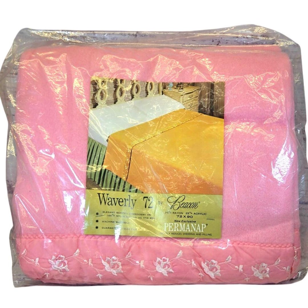 NEW Vintage Waverly Pink Blanket White Rose Embroidery Satin Trim, NOS ...