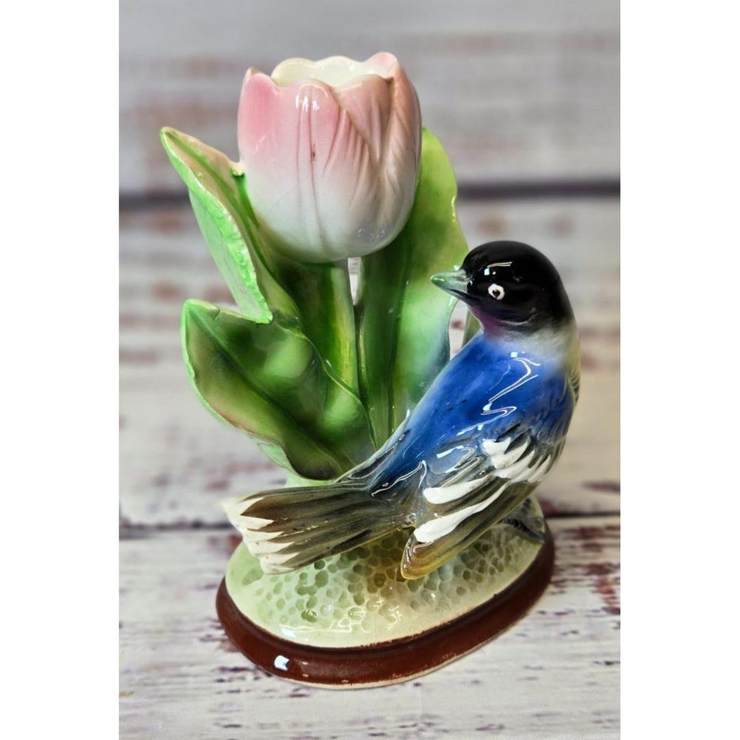 Vintage Enesco Bird Flower Figurine Porcelain Collectible Hand-painted ...