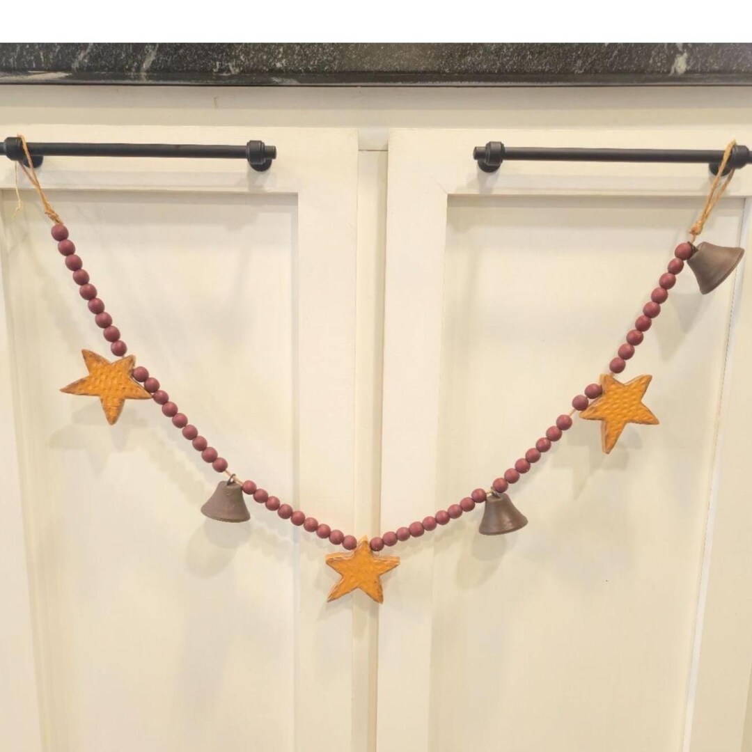 Primitive Star Brass Bell Garland Rustic Wood Bead Country Christmas ...
