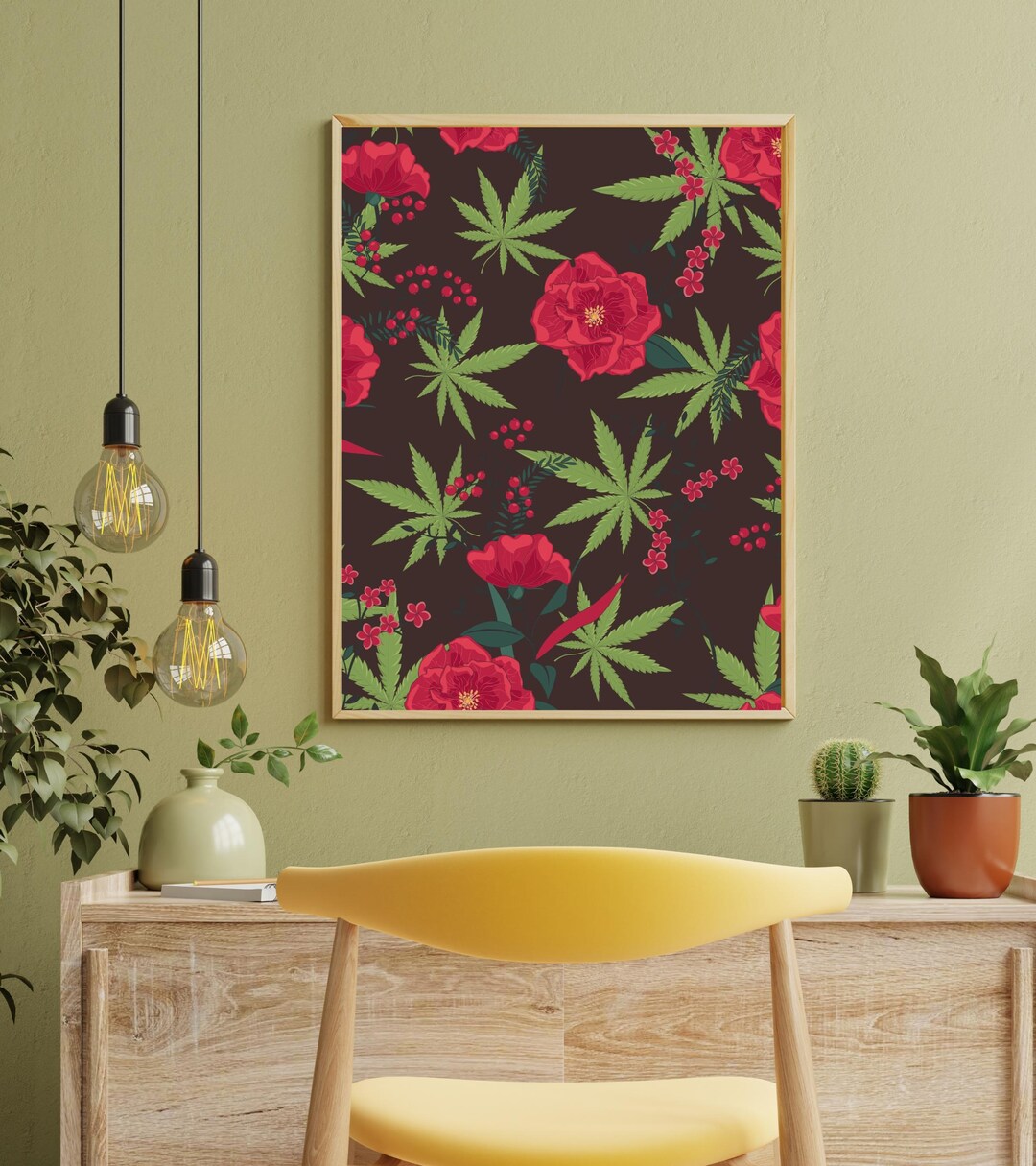 Weed Leaf Wall Art, Red Rose Decor, Marijuana Wall Art, Sativa Indica ...