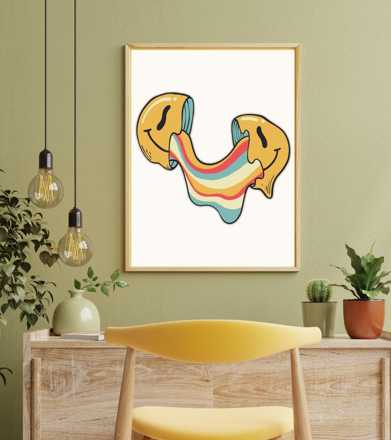 Drippy Smiley Face Wall Art, Rainbow Trippy Poster, Simple Unique Home ...