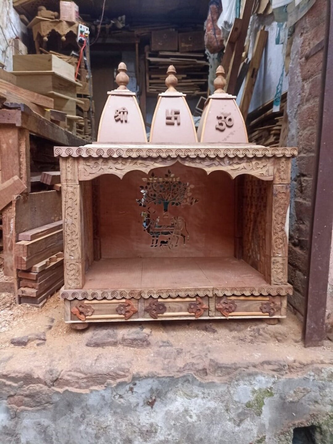 Wooden Temple 36" Diko Golden Gaw Mata Design Beautiful Home Puja ...