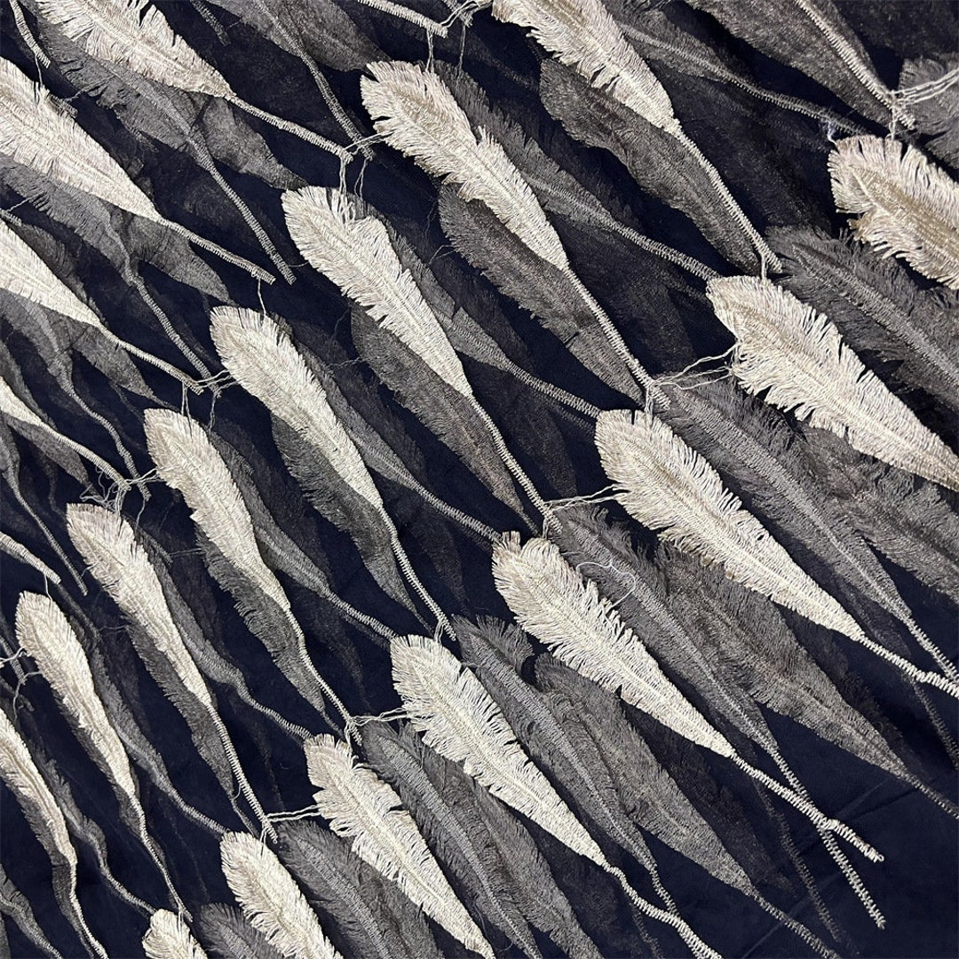 Black Gold Feather Lace Fabric Feather Embroidery Mesh Fabric With ...