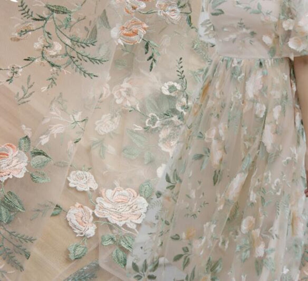 Pink Rose Embroidery Floral Geen Leaf Lace Fabric Embroidered Tulle ...