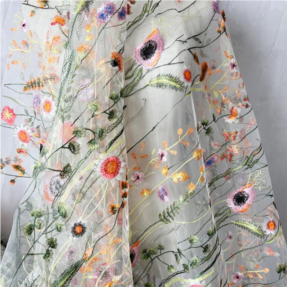 Floral Embroidered Tulle Fabric Dress Bridal Veil Wedding Etsy