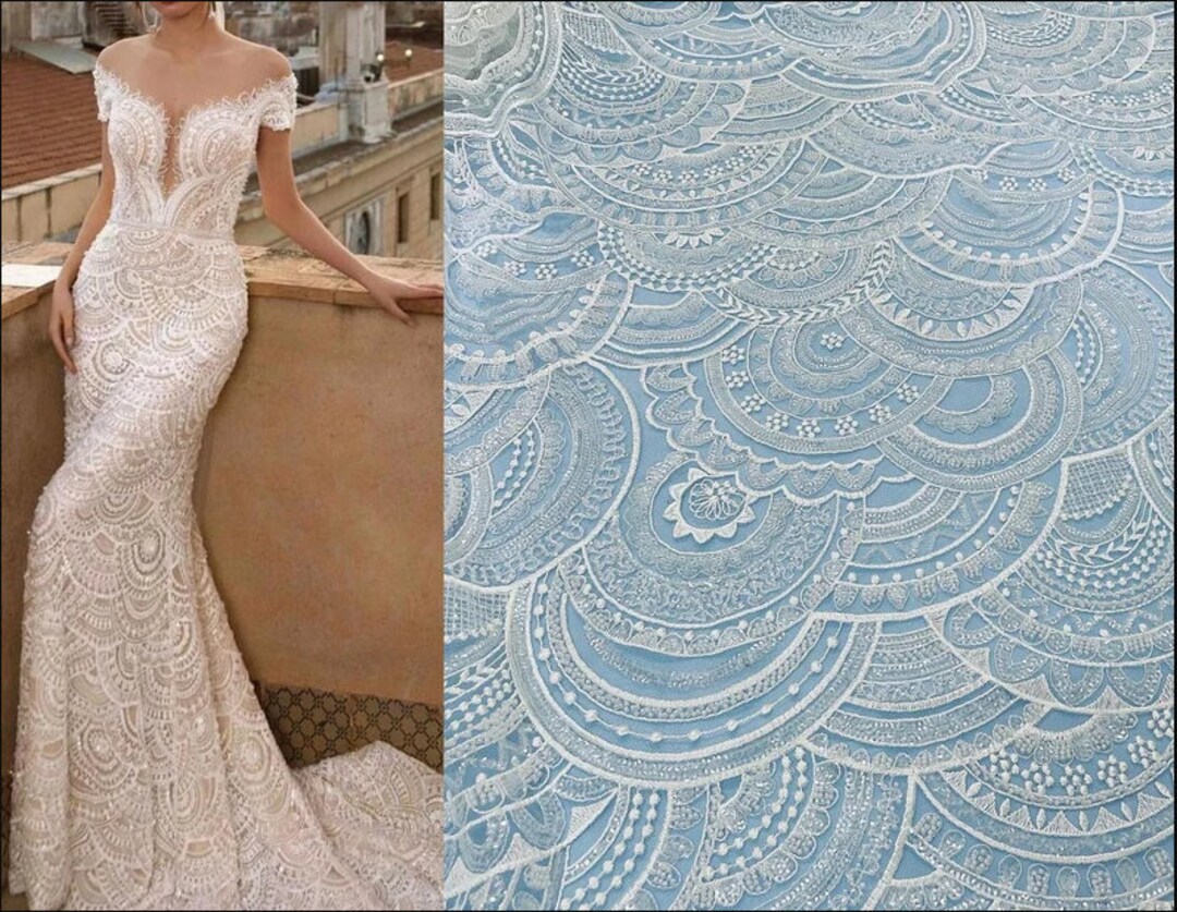 Scalloped, Ivory Chantilly Lace Fabric With Sequin Beaded,lace Wedding ...