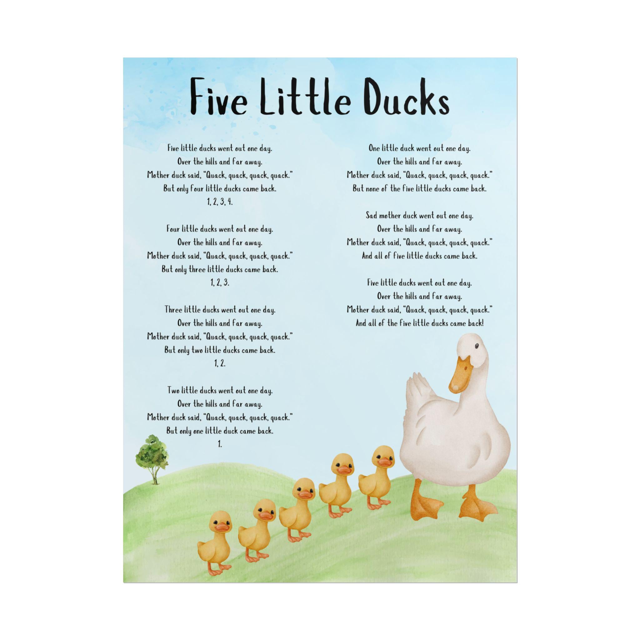 Printable Poster, Five Little Ducks Song, Mother Duck and Ducklings ...
