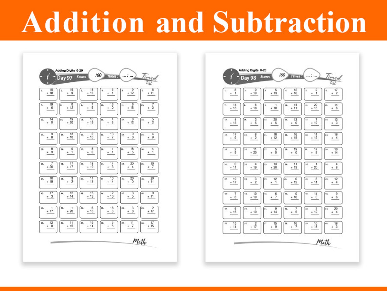 Timed Test Math Addition Printable 98 Practice Sheets Single and Double ...