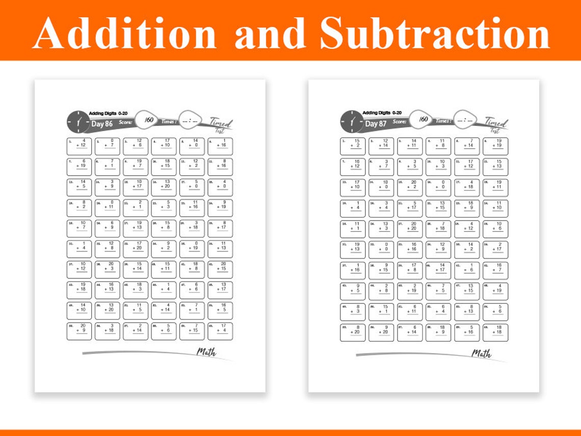 Timed Test Math Addition Printable 98 Practice Sheets Single and Double ...