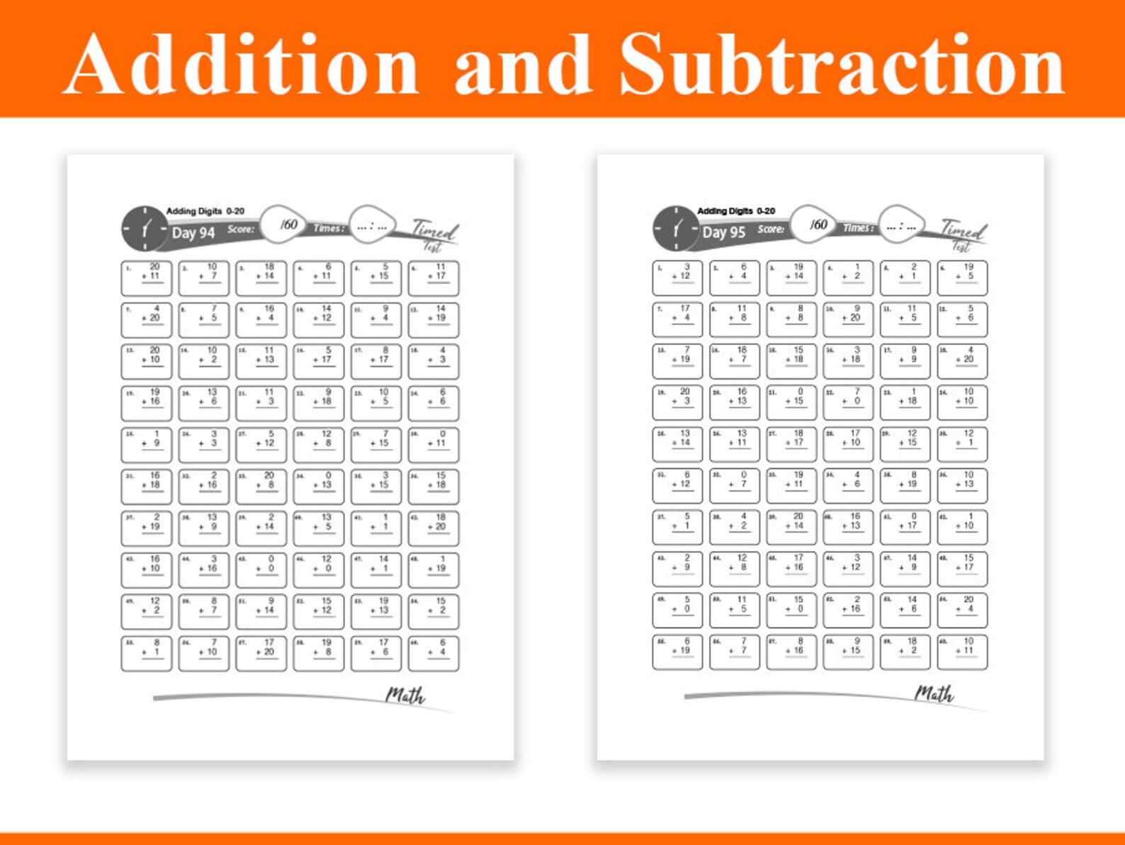 Timed Test Math Addition Printable 98 Practice Sheets Single and Double ...