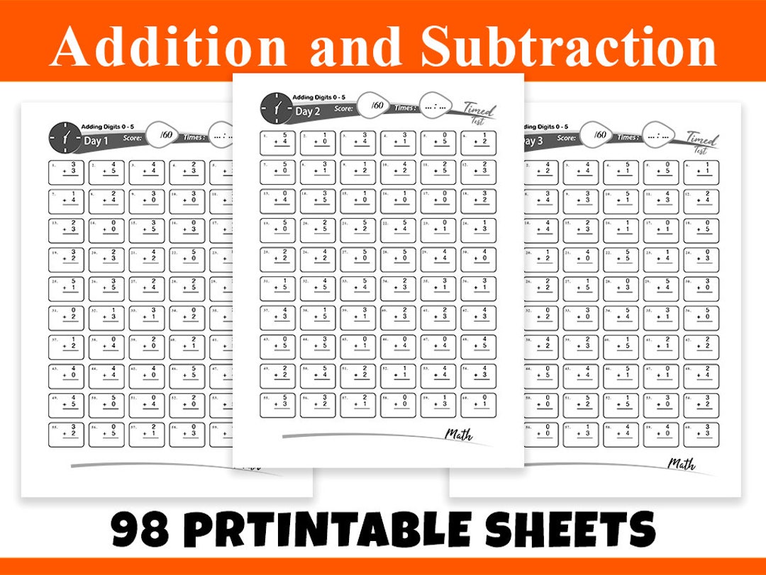 Timed Test Math Addition Printable 98 Practice Sheets Single and Double ...